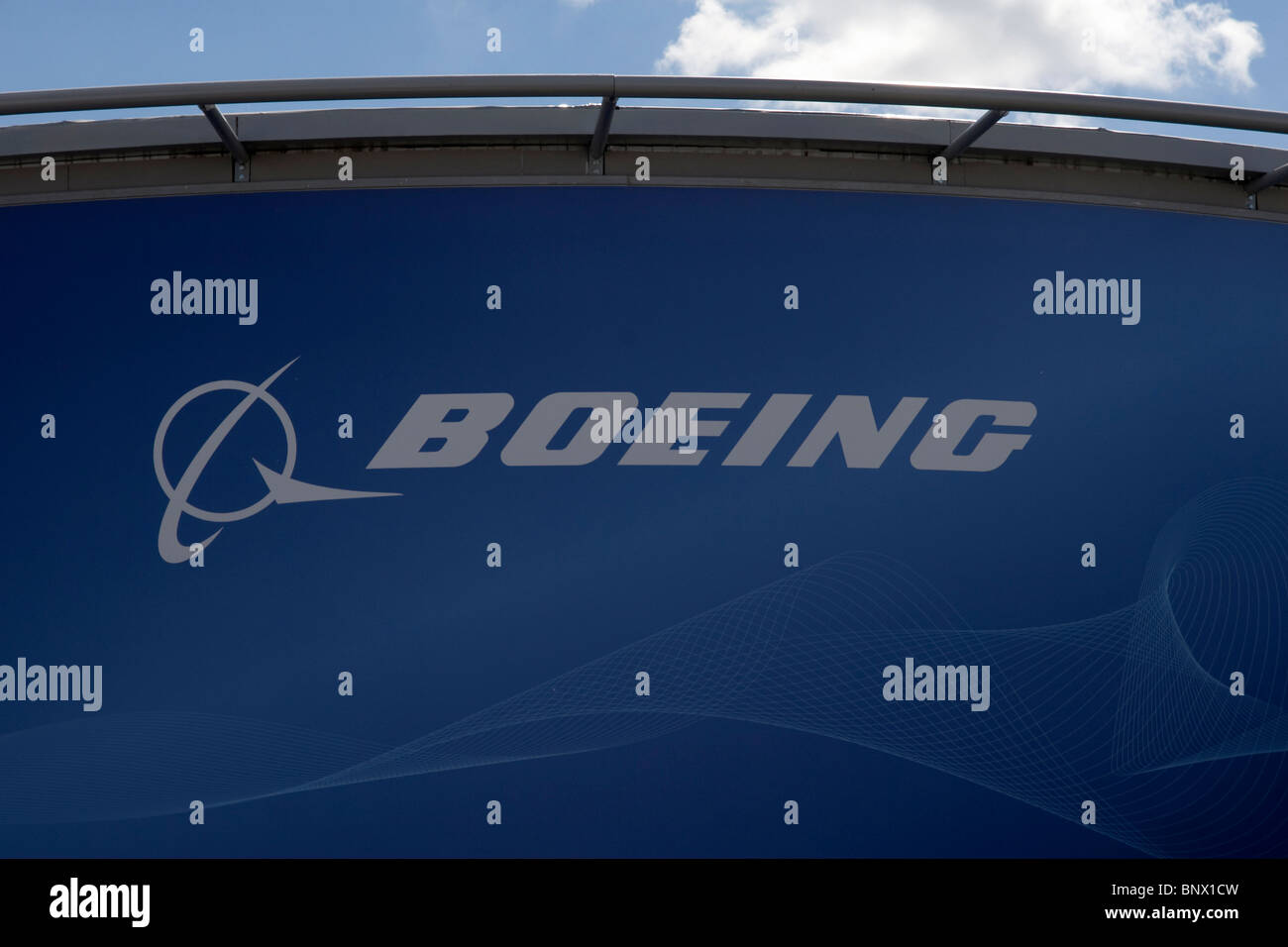 Boeing corporate logo on exhibition hall at Farnborough International ...