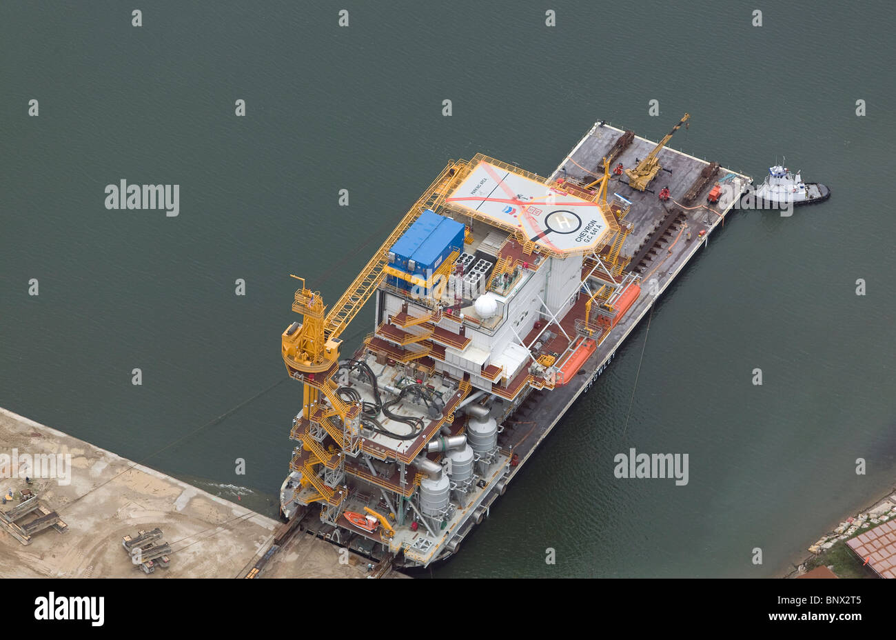 aerial view above offshore oil platform construction Gulf of Mexico ...