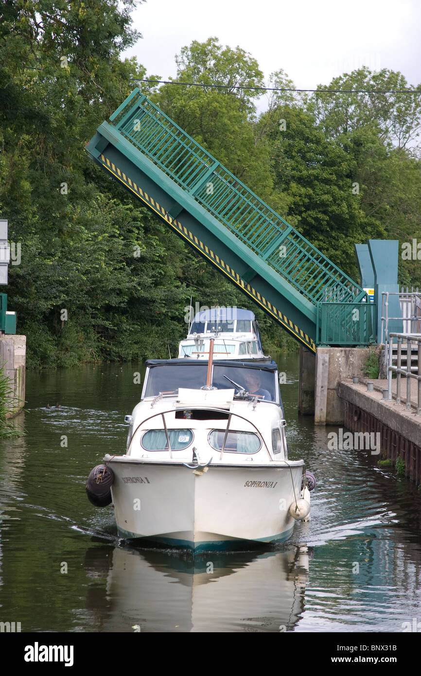 Large leisure boat Bascule lifting bridge boating Stock Photo - Alamy