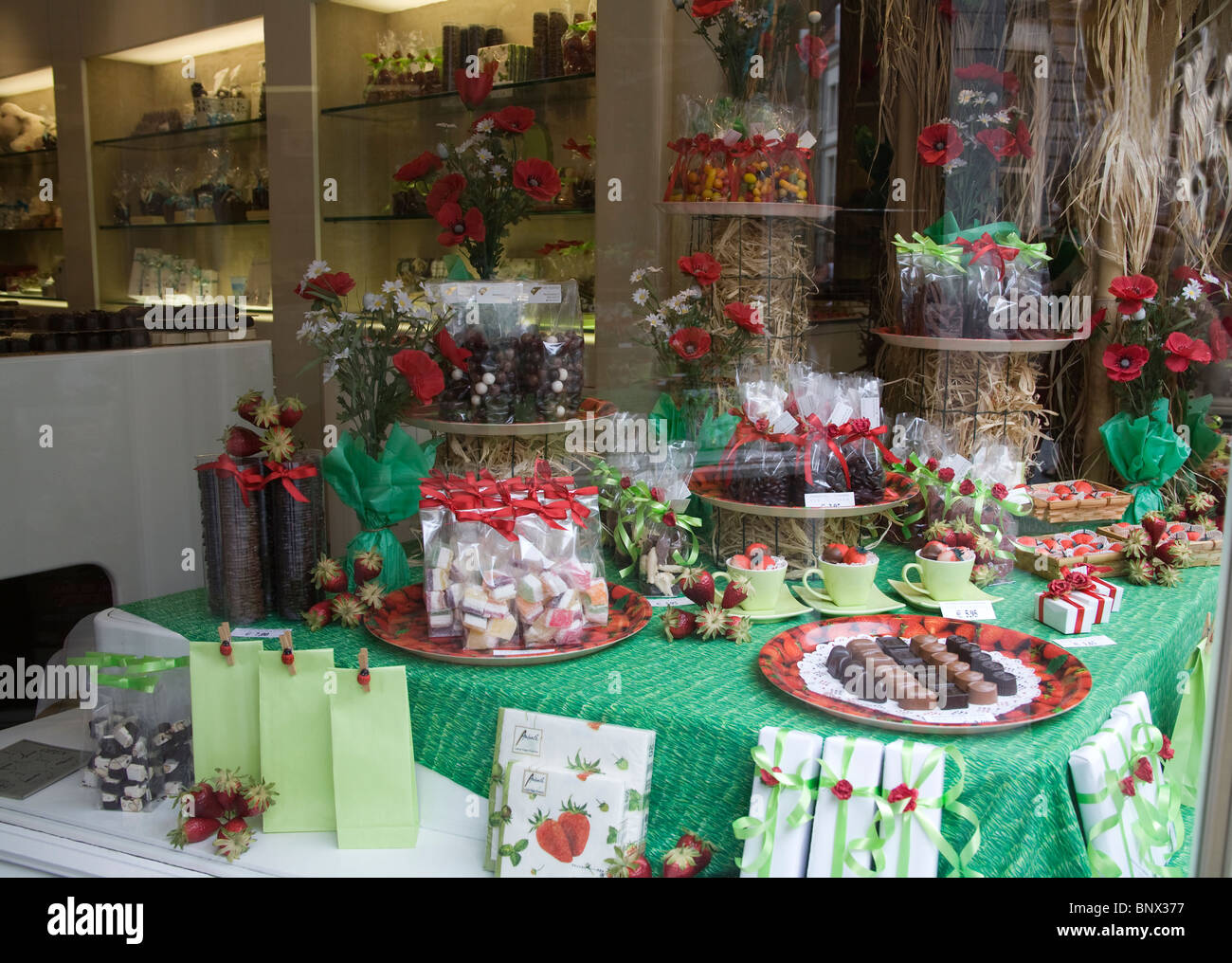 Belgium Europe EU Window display of selection of sweets including ...