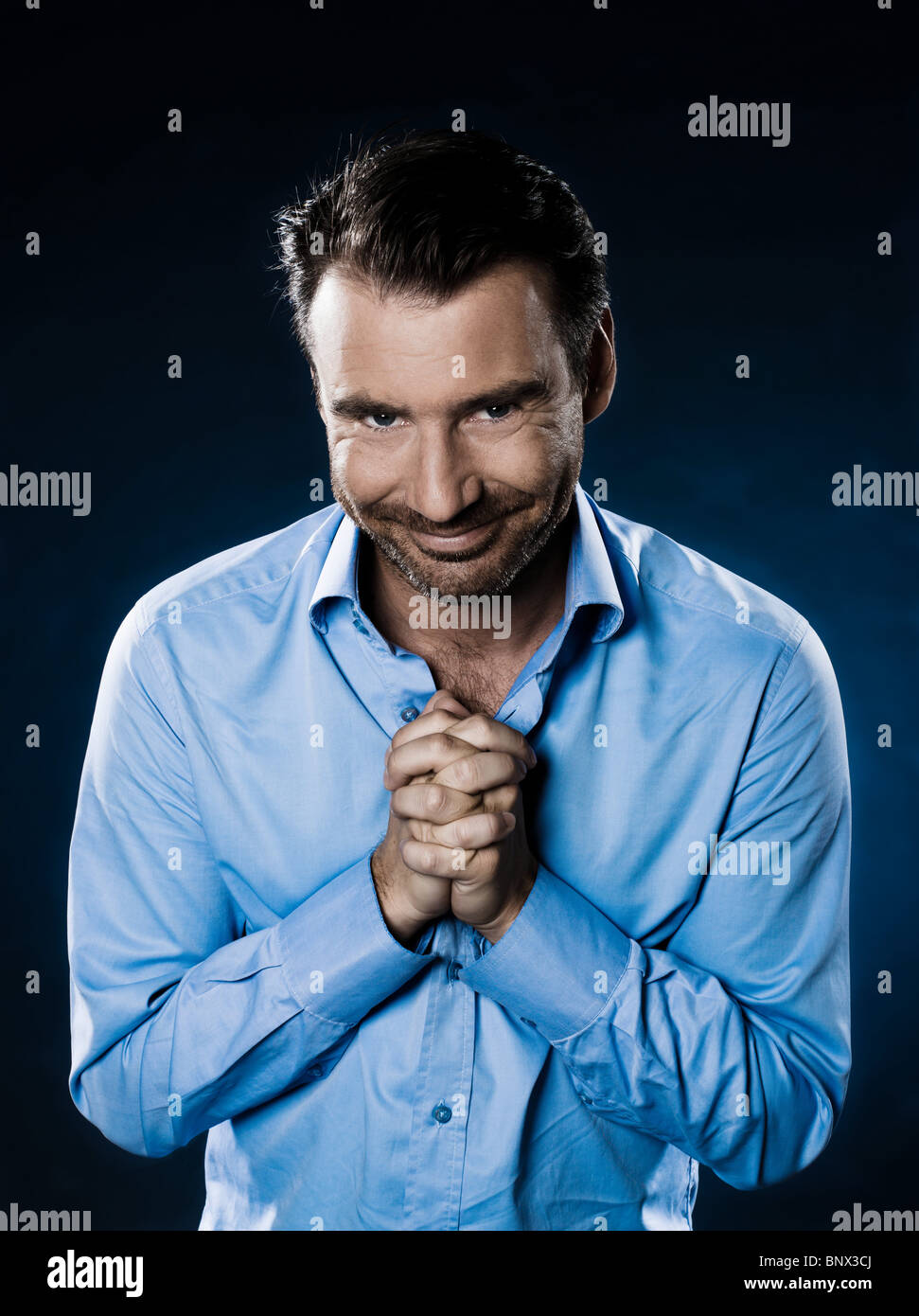 one caucasian man smiling sneaky stubble malicious portrait isolated ...