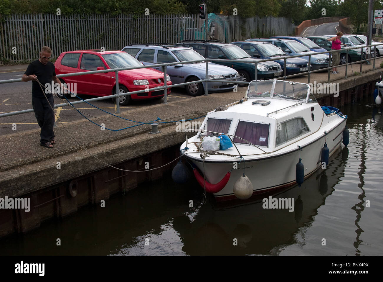 moored mooring boating cruiser pleasure boat craft Stock Photo - Alamy