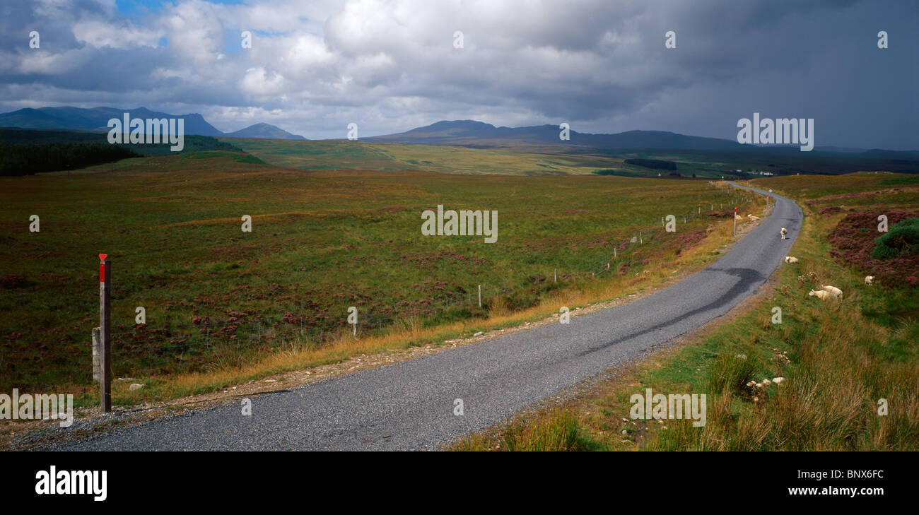 Single track main road in the remote Northern Highlands, Scotland. The ...