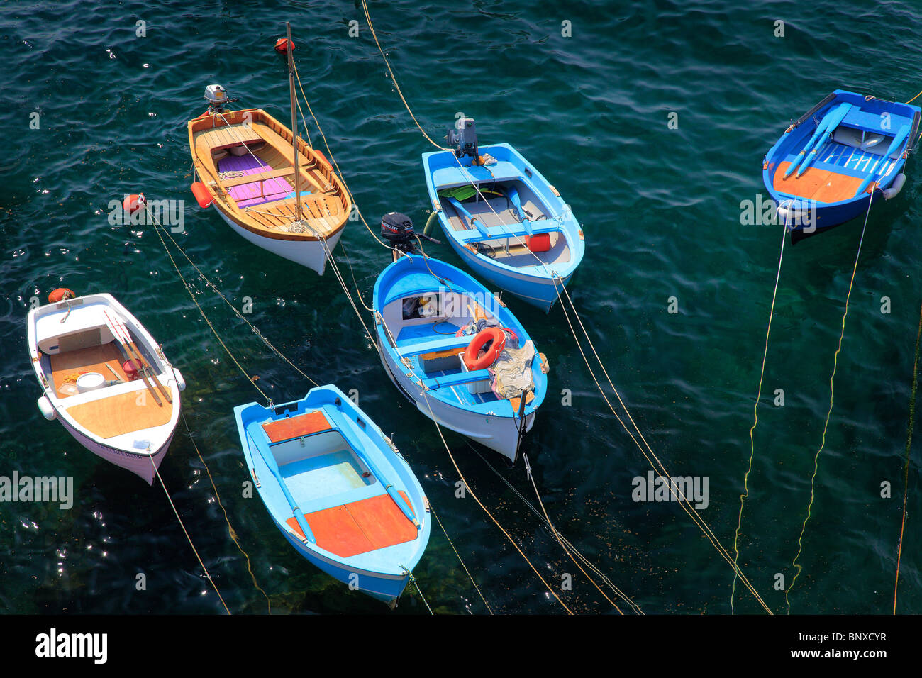Boats in harbor of Rio Maggiore in Italy's Cinque Terre national park ...