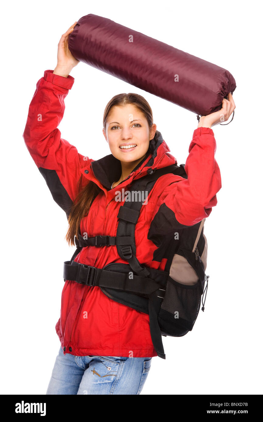 Full isolated studio picture from a young and happy backpacker Stock ...