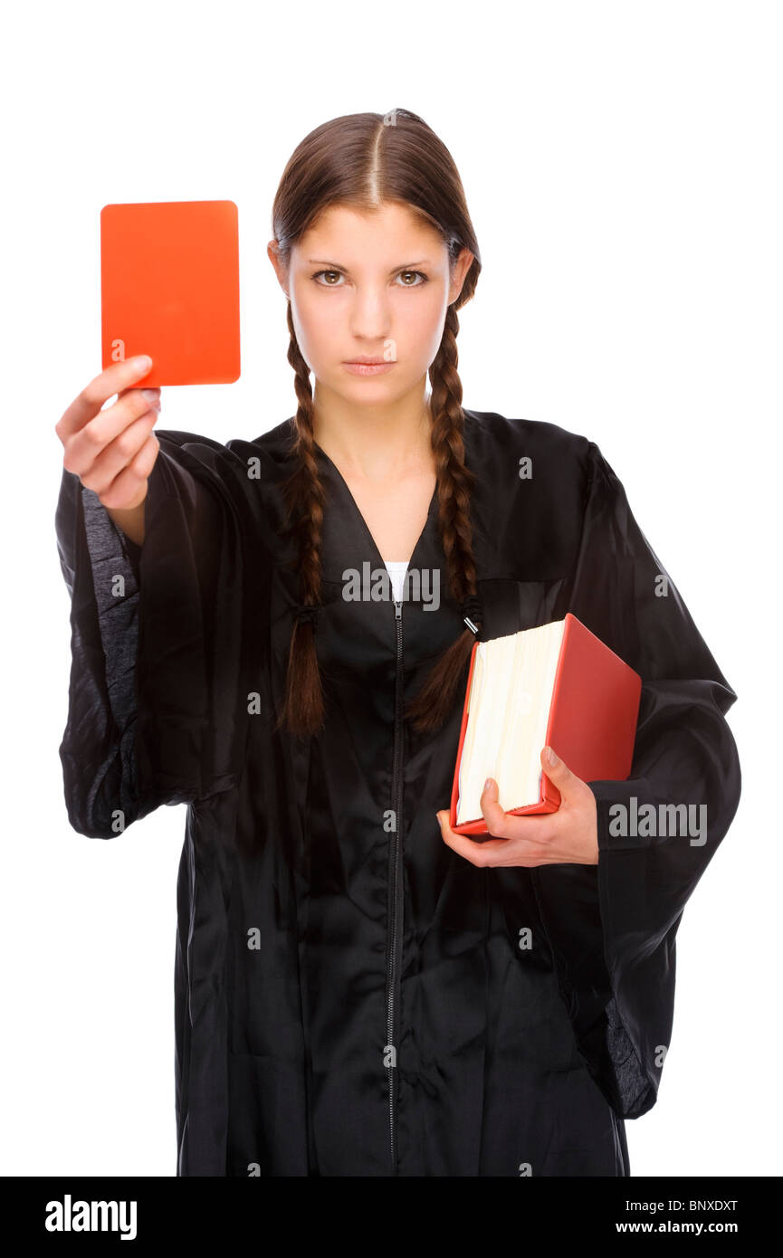 Full isolated studio picture from a young judge (lawyer) with red card ...