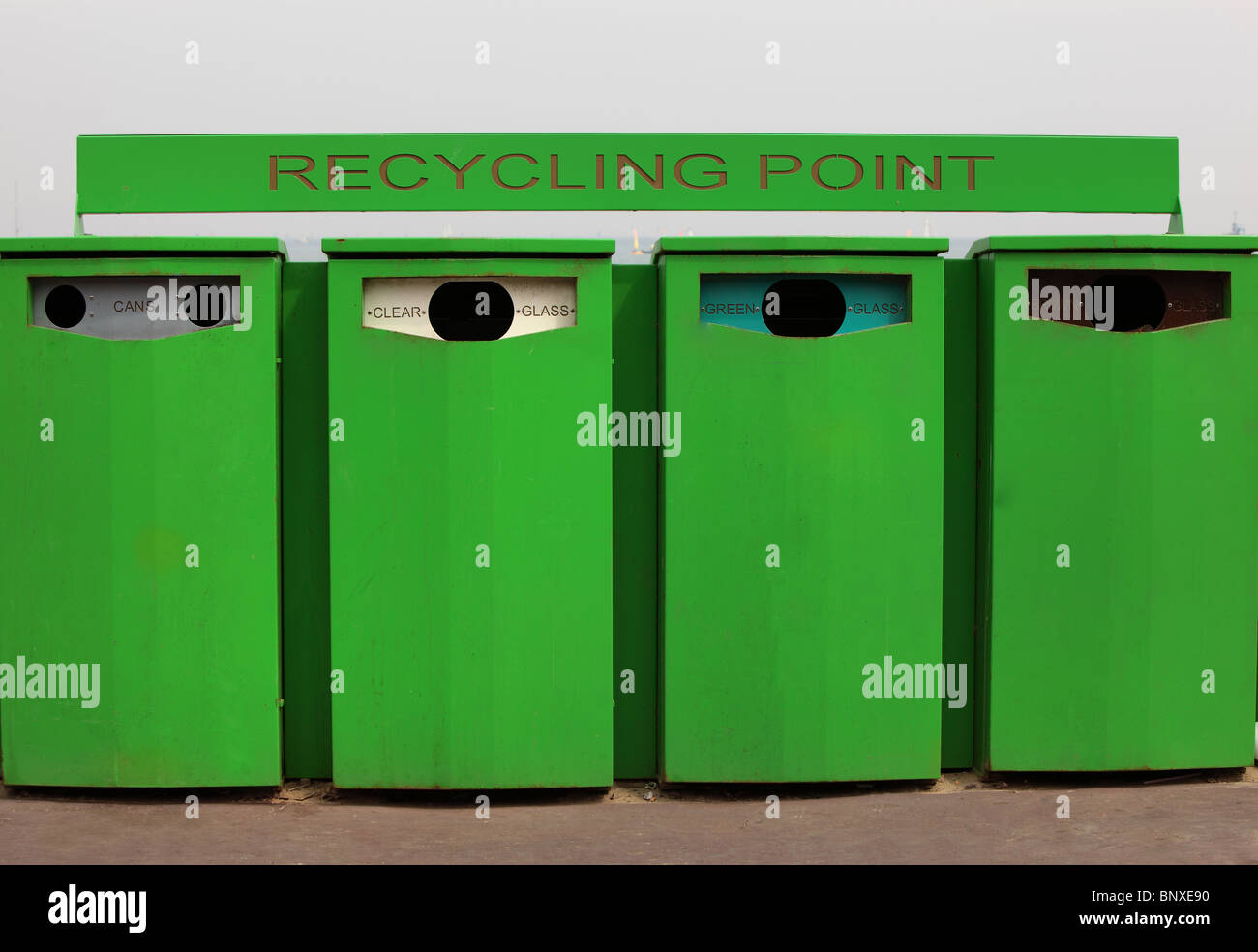 Green Recycling Containers For Clear, Green, Brown Glass and Cans Stock ...