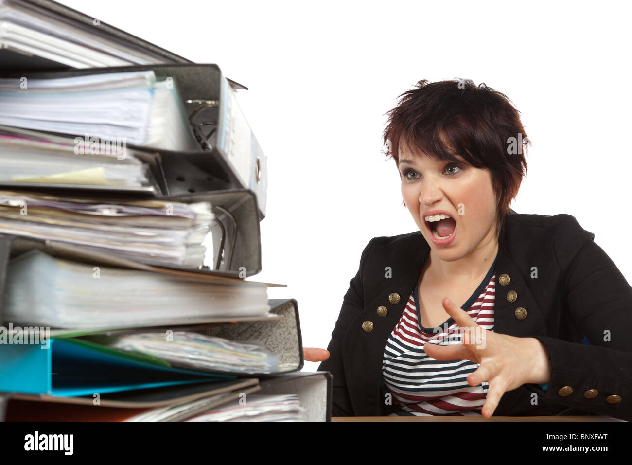 Stressed Out Worker At Her Desk With Files On White Isolated Background ...