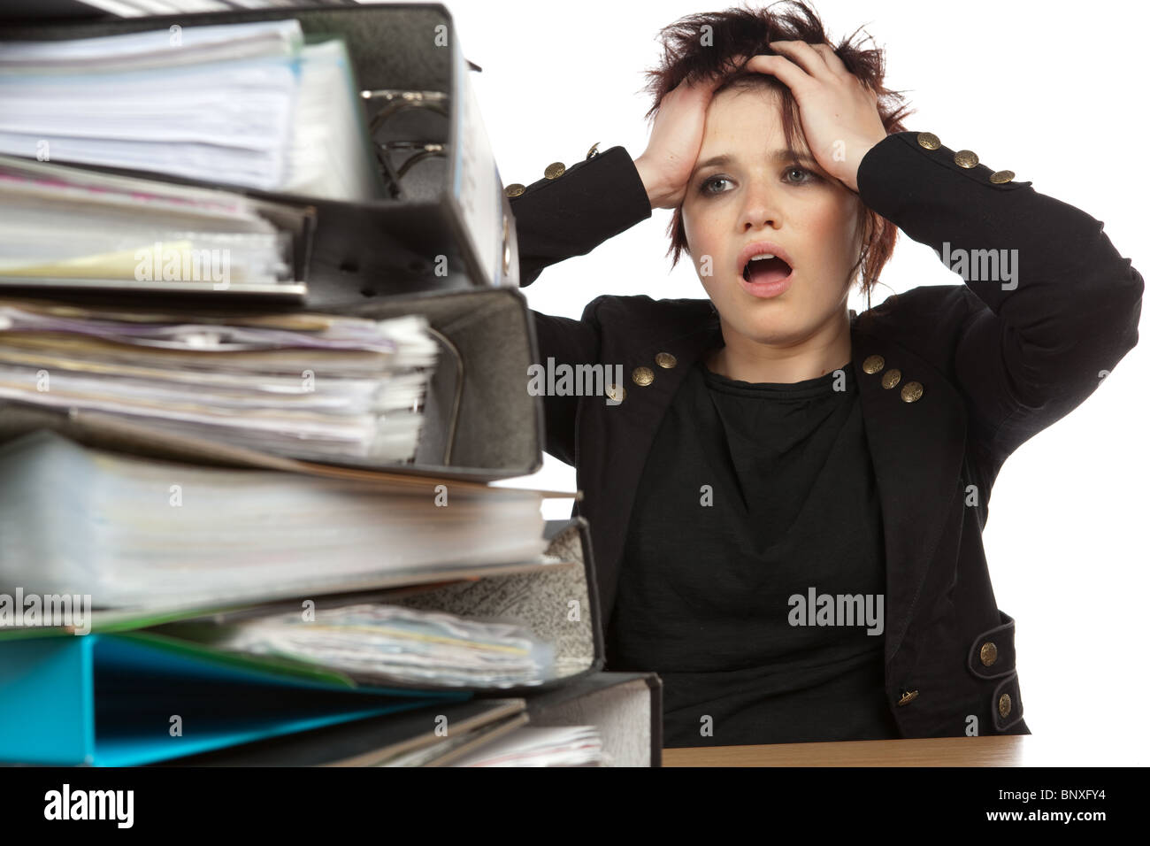 Stressed Out Worker At Her Desk With Files On White Isolated Background ...