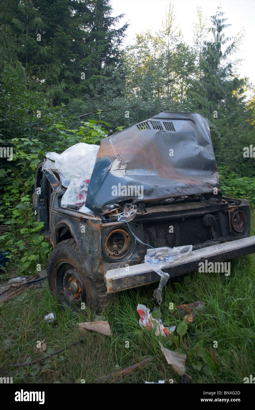A car wreck in the woods behind Shawnigan Lake on Vancouver Island BC ...
