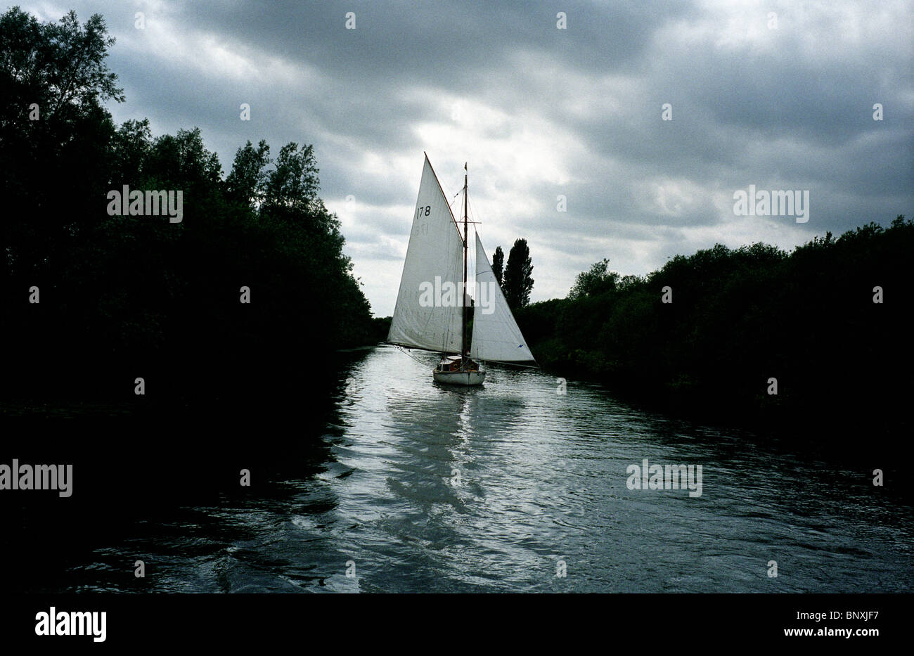 Norfolk Broads,Norfolk,Britain. Traditional gaff rigged broads cruiser ...