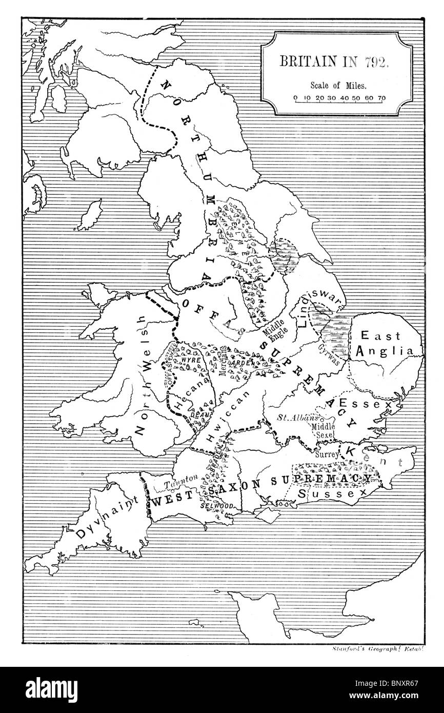 Black and White Illustration of a map of Anglo Saxon Britain in the 8th ...
