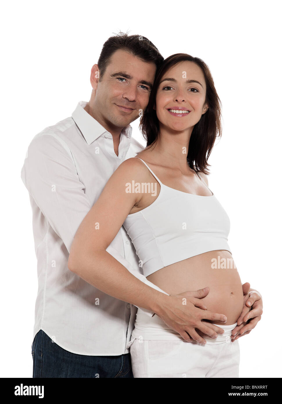 caucasian couple expecting baby smiling cheerful isolated studio on ...