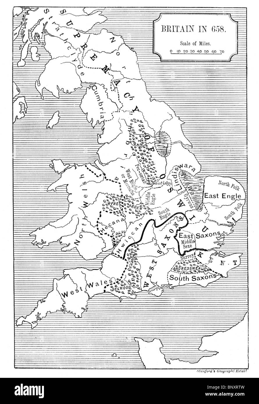Black & White Illustration of a Map of Anglo Saxon Britian in the 7th ...