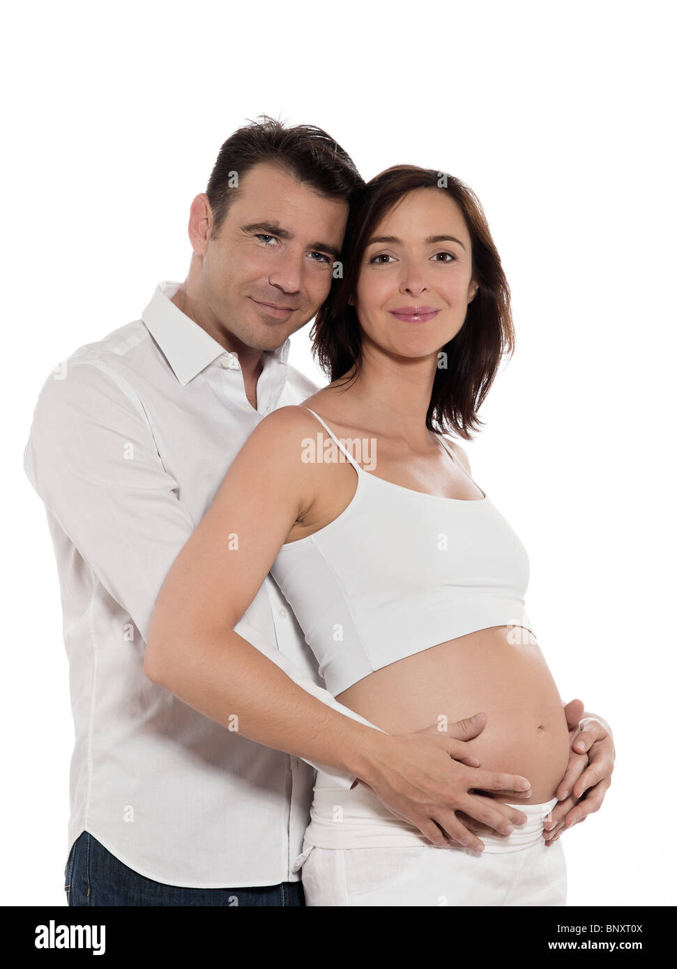 caucasian couple expecting baby complicity isolated studio on white ...