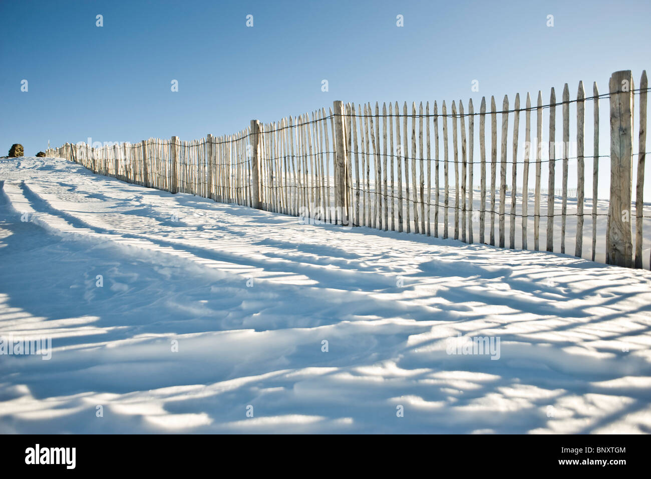 Fence line in snow covered field Stock Photo - Alamy