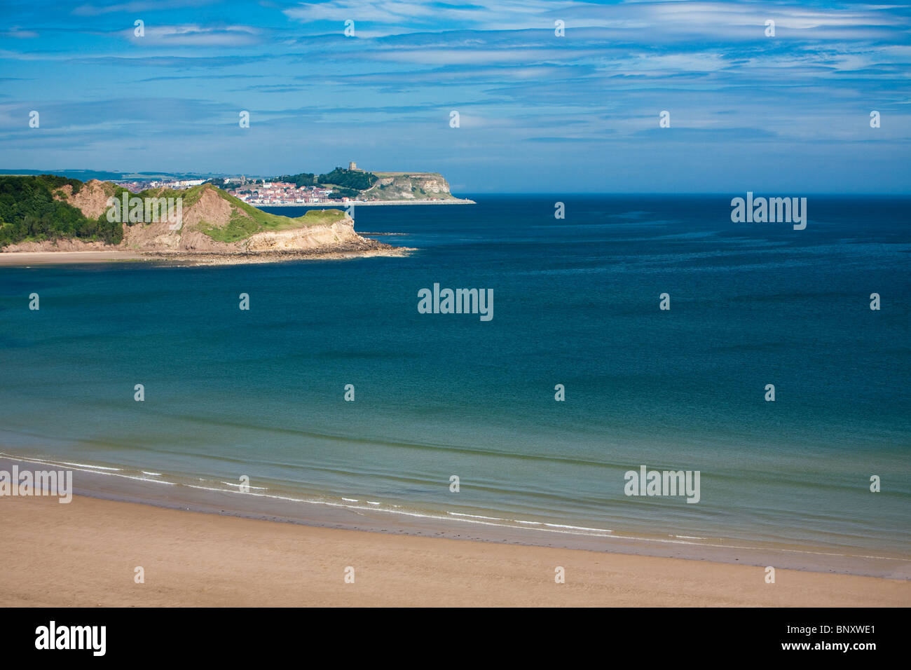 Views across Cayton Bay toward Scarborough on a warm summers day Stock ...