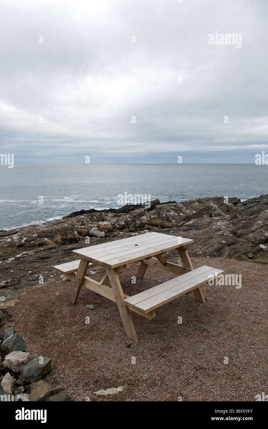 A picnic bench for visitors close to the lighthouse at Ardnamurchan ...