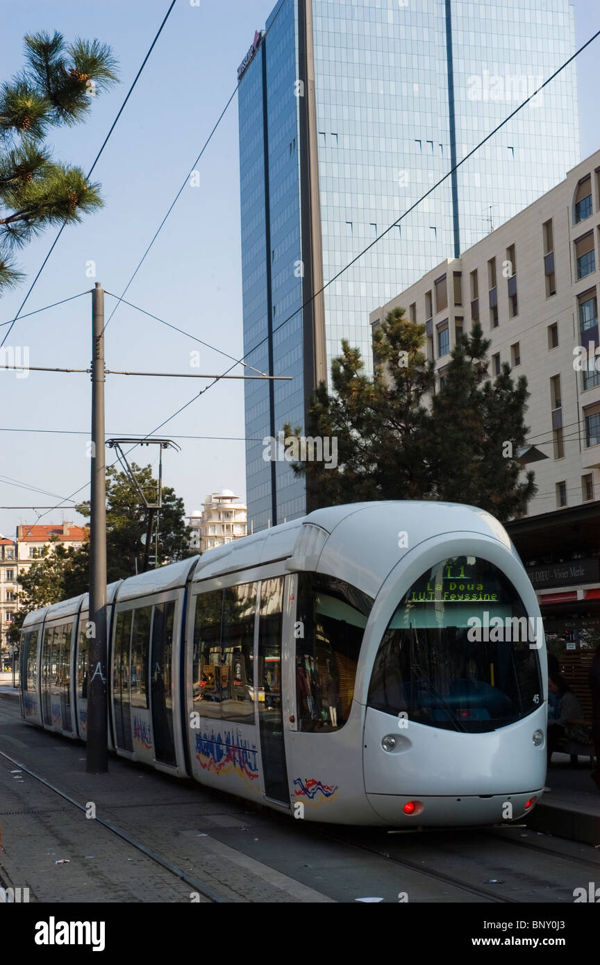 Lyon, France, Street Scene, Public Transportation, Tramway Train on ...