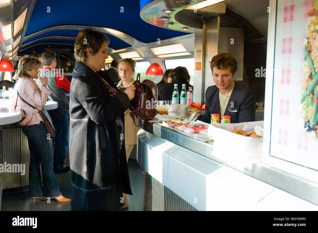 On Board, TGV Bullet Train, Lyon France, Passengers Buying Lunch inside ...