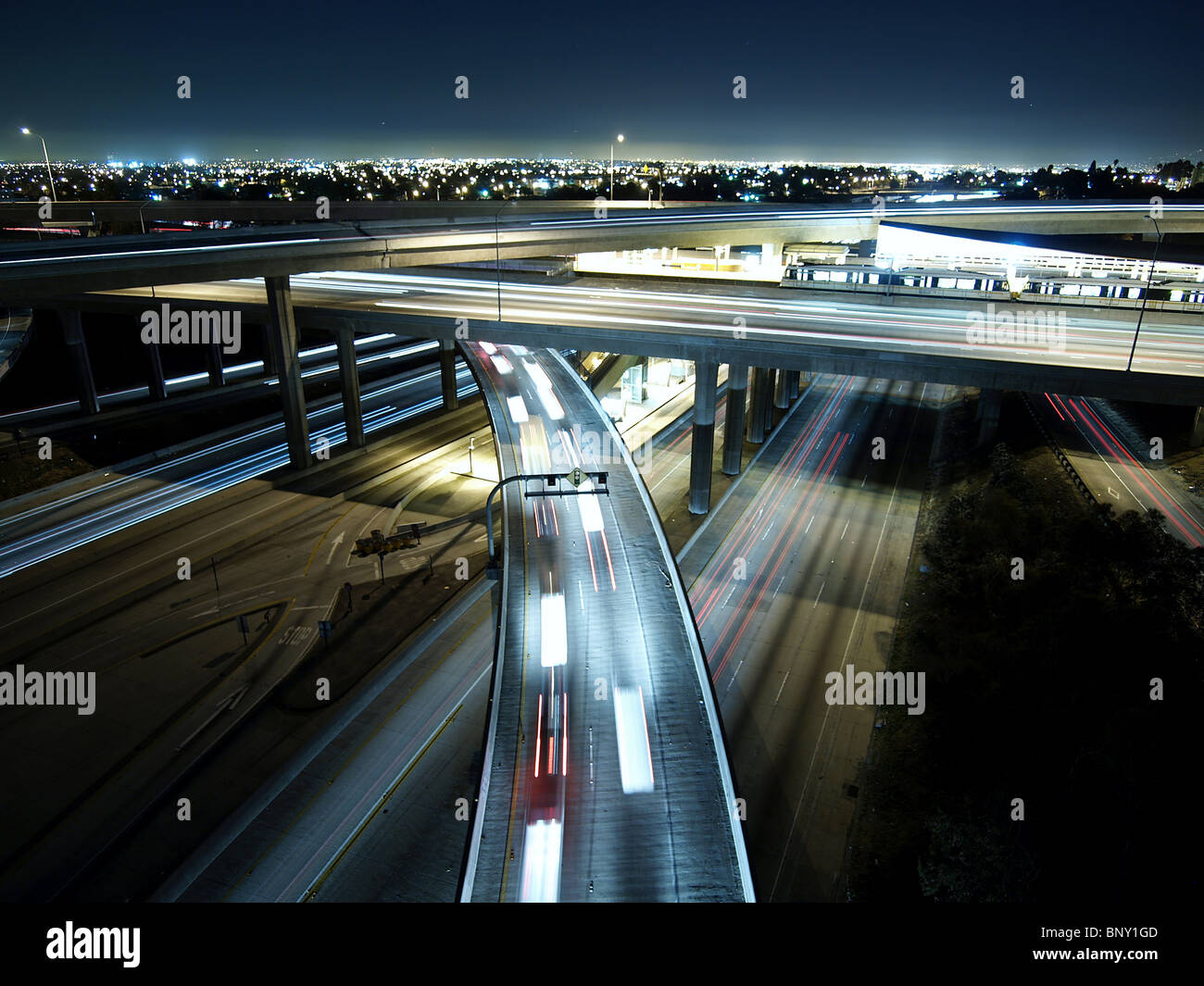 110 and 105 freeways in los angeles night bridge Stock Photo - Alamy