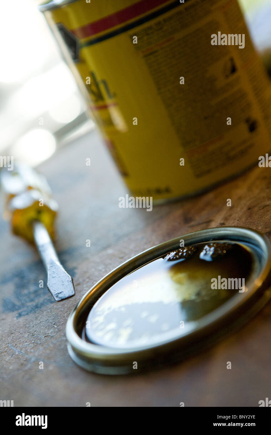 Open lid of wood varnish sits next to can and screwdriver Stock Photo ...