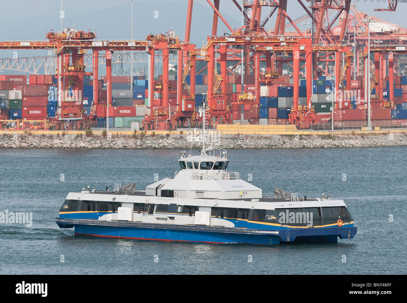 A high angle view of the SeaBus MV "Burrard Pacific Breeze" as it ...