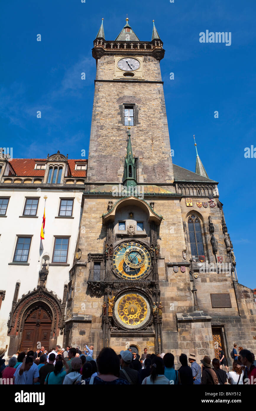 Tourists view the famous Astronomical clock in Prague's Old Town Square ...