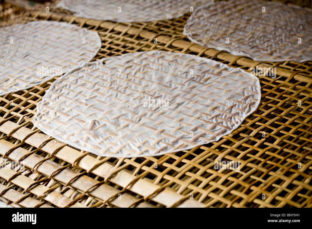 Sheets of rice paper drying in the open air after being steam cooked ...