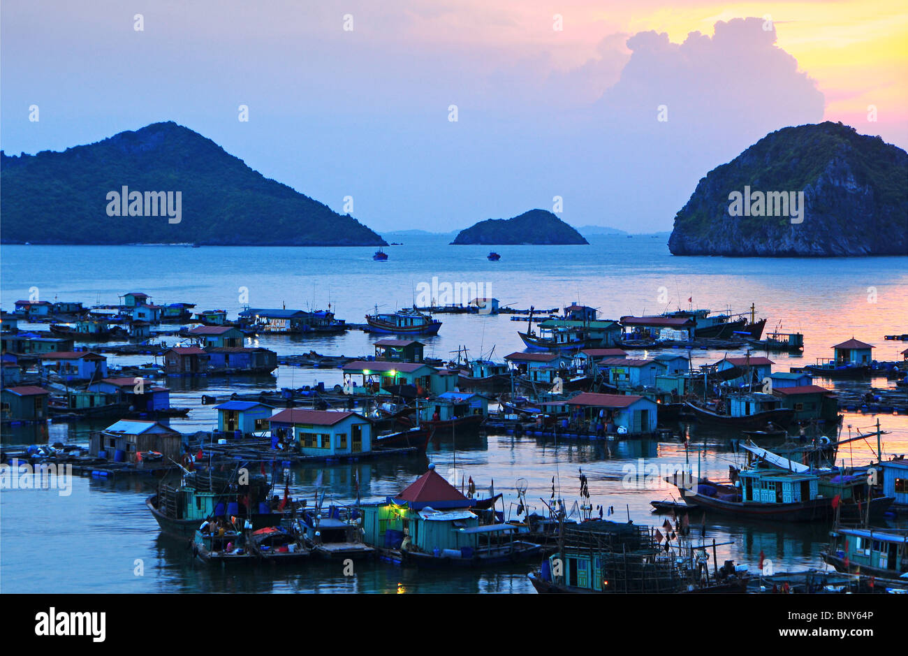Boats and floating houses in front of Cat Ba Town, on Cat Ba Island ...