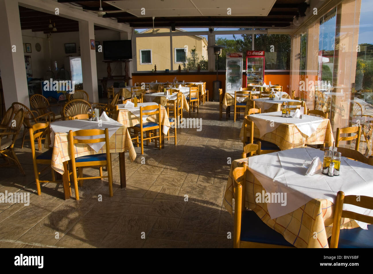 Interior of typical restaurant at hotel apartments on the Greek island ...