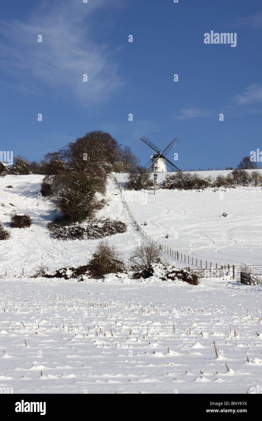 Cobstone Windmill above Turville Village in snow, Chiltern Hills ...