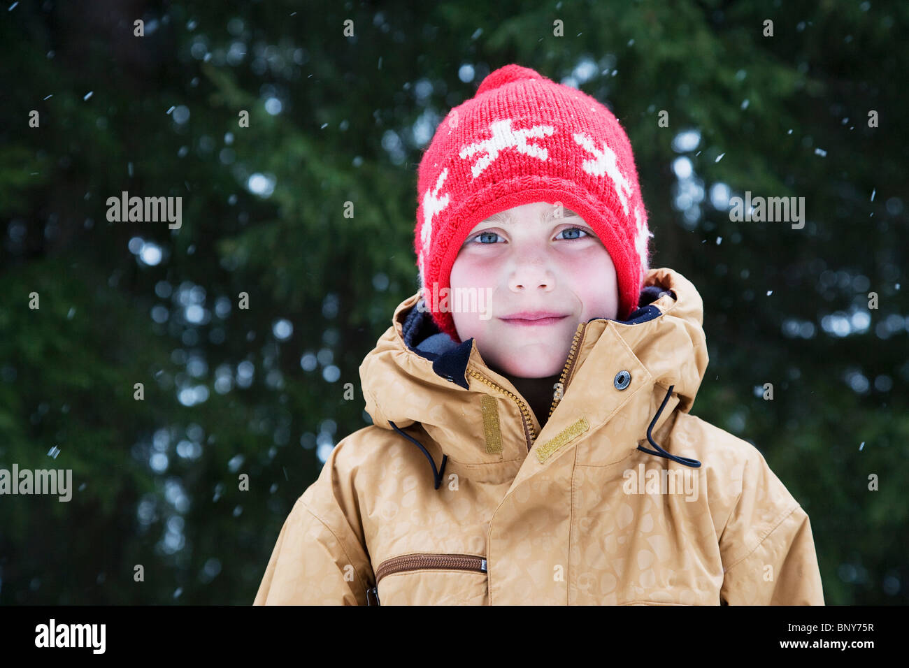 Boy in wooly hat with snow flakes Stock Photo - Alamy