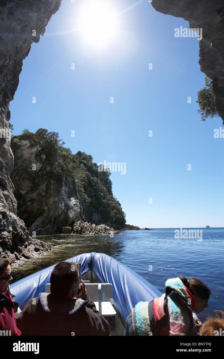 Tour Boat in Sea Cave near Hahei, Coromandel Peninsula, North Island ...