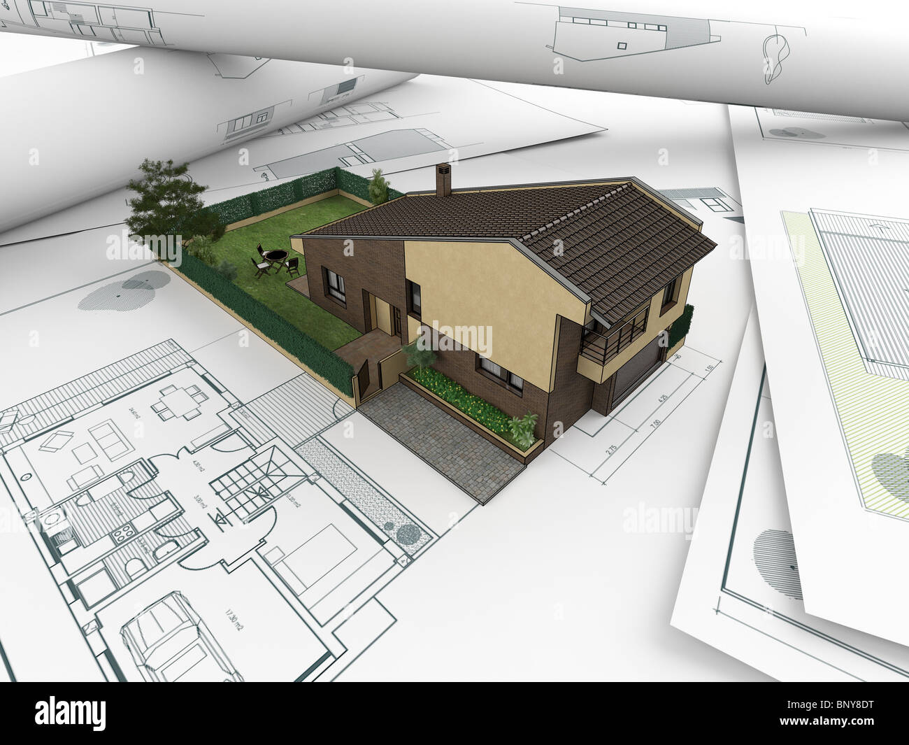 3d house model emerging from architectural drawings Stock Photo - Alamy