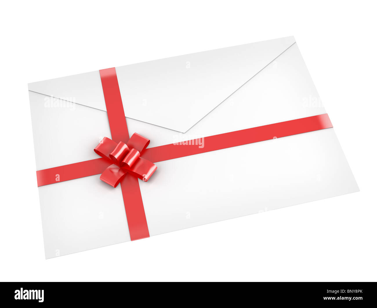letter wrapped with a red ribbon and bow, isolated on white with ...