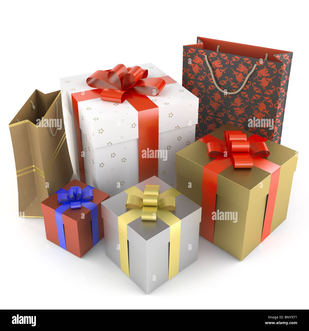 pile of several different sized and colored gifts, isolated on white ...
