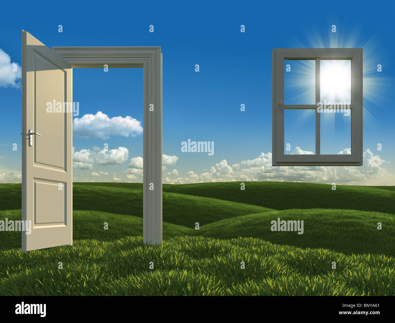 white open door and window on meadows as concept for green house ...