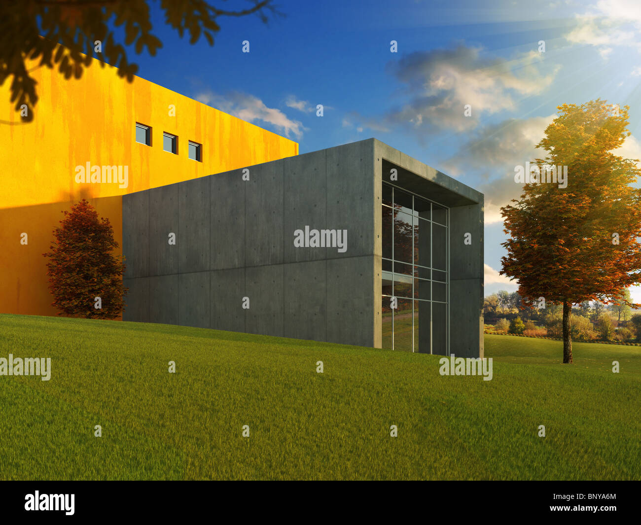 3D scene of modern minimalistic building in a beautyful autumn meadow ...