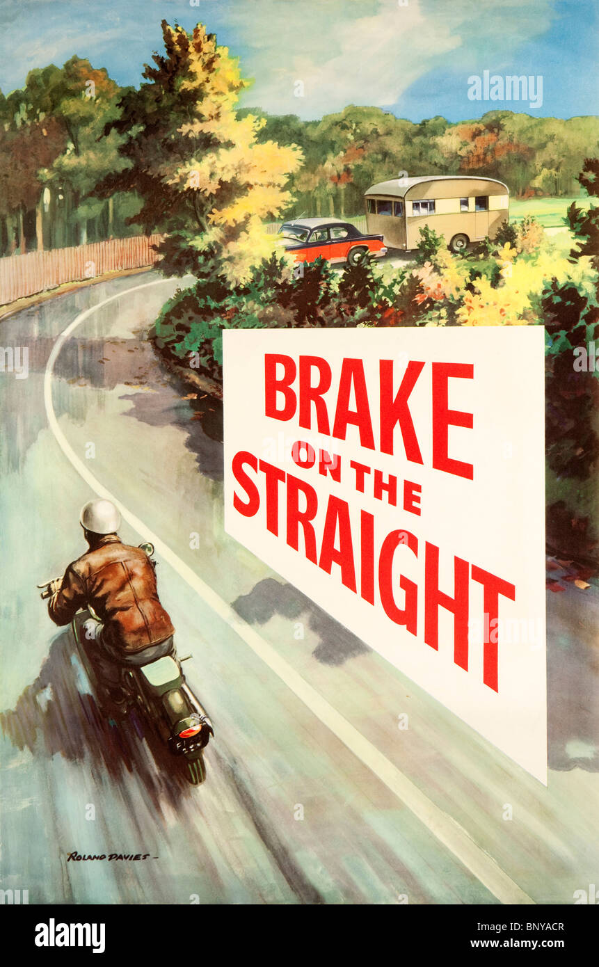 Brake on the straight, 1950s, motorcycling safety poster by Roland ...