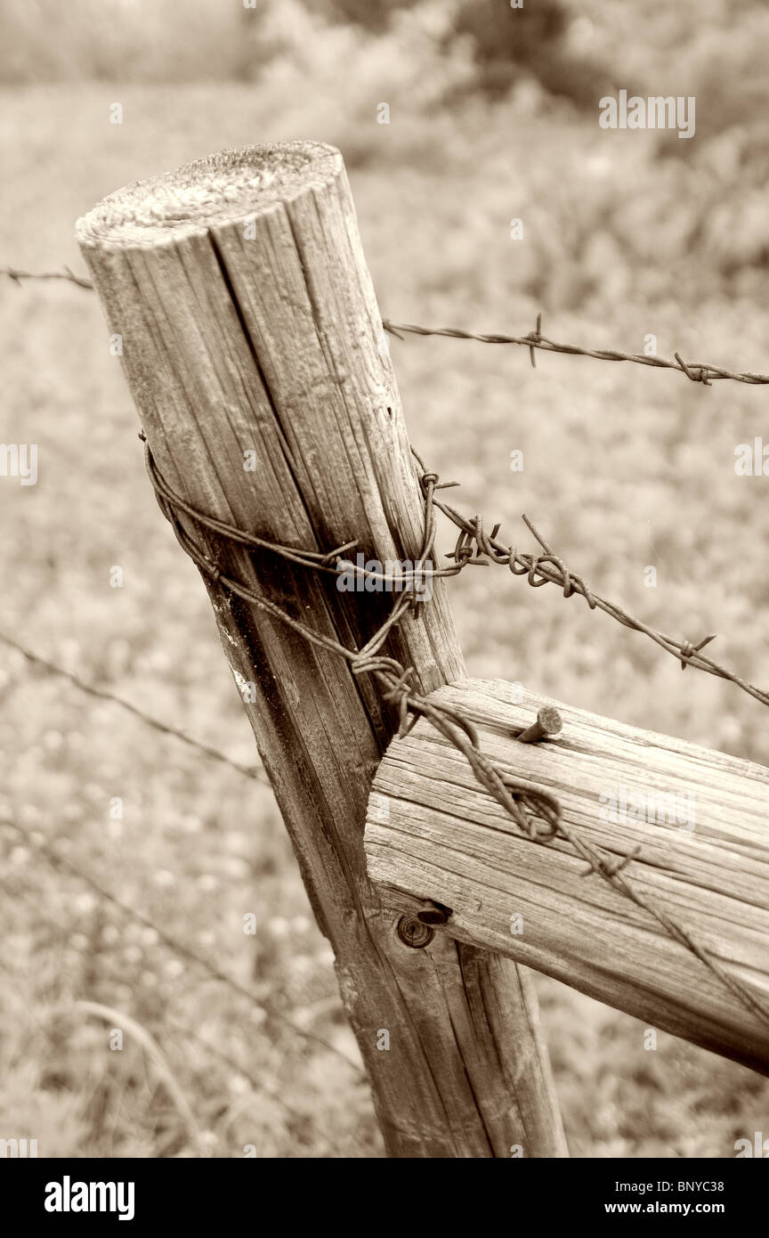 Wood Fence Post and Barbed Wire Stock Photo - Alamy