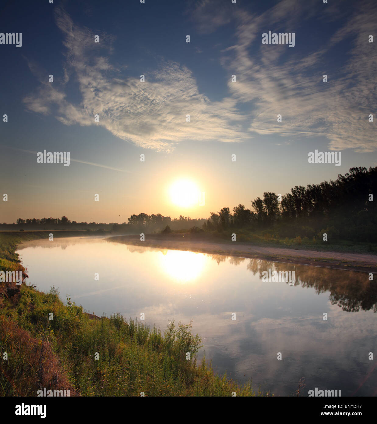 beautiful morning landscape with sunrise over river Stock Photo - Alamy