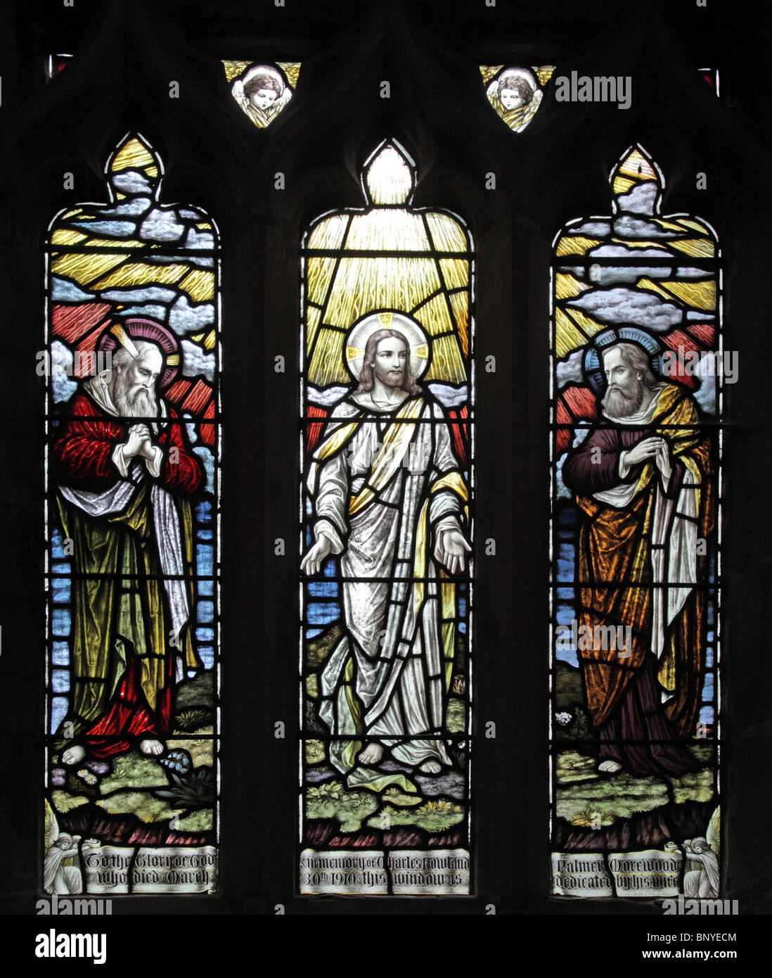 A Stained Glass Window Depicting Jesus And Two Old Testament Stock