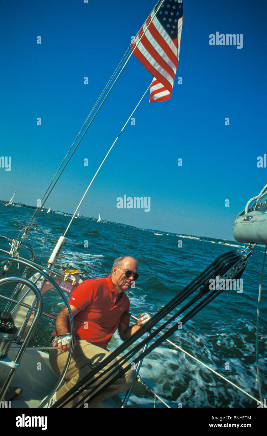 Captain sailboat in bay. Windy. copy space Stock Photo - Alamy