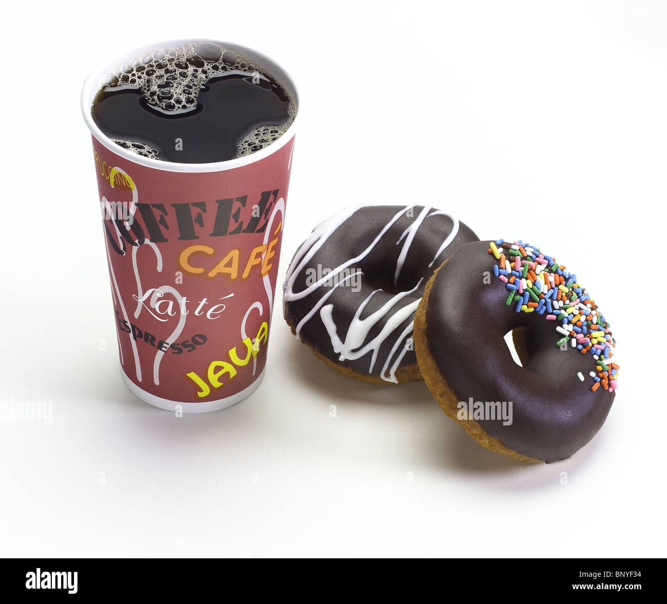 Disposable coffee cup & donuts on white surface; soft shadows Stock ...