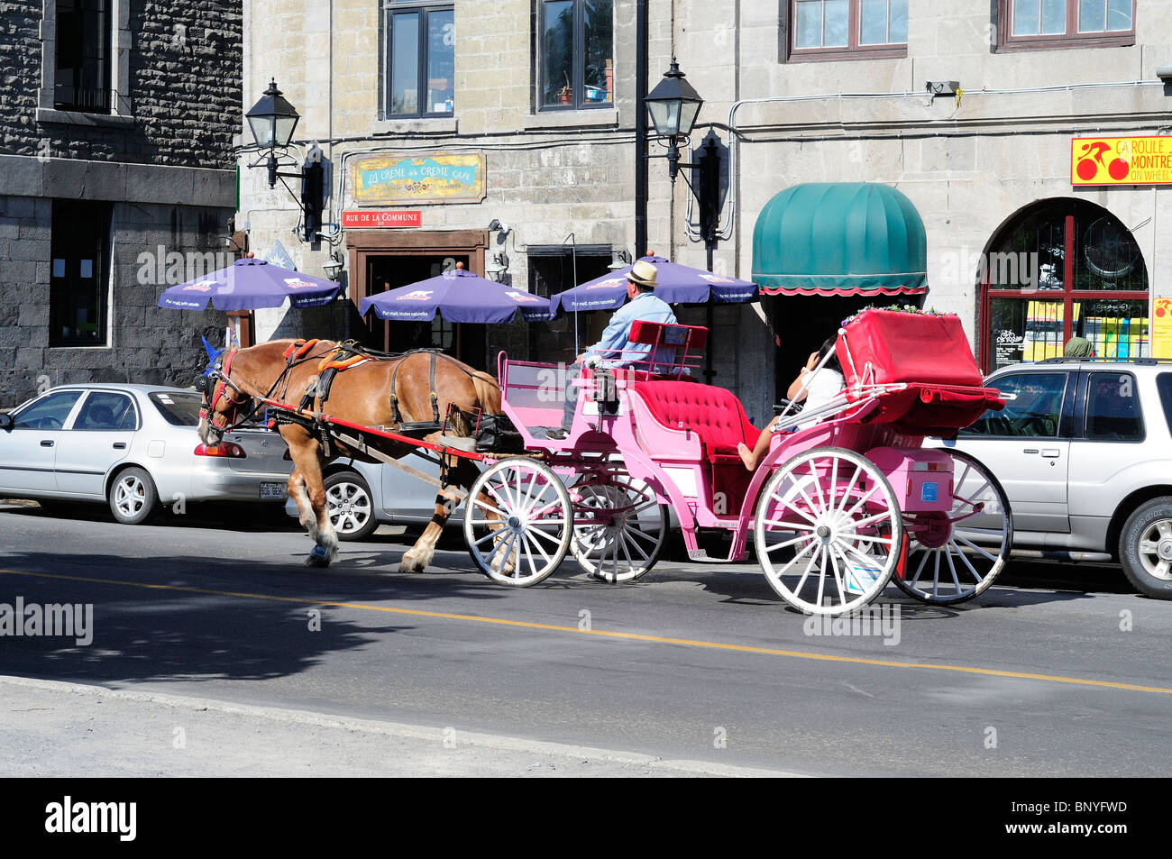 Two Tourists Enjoying A Horse Drawn Buggy Ride On The Streets Of Old ...