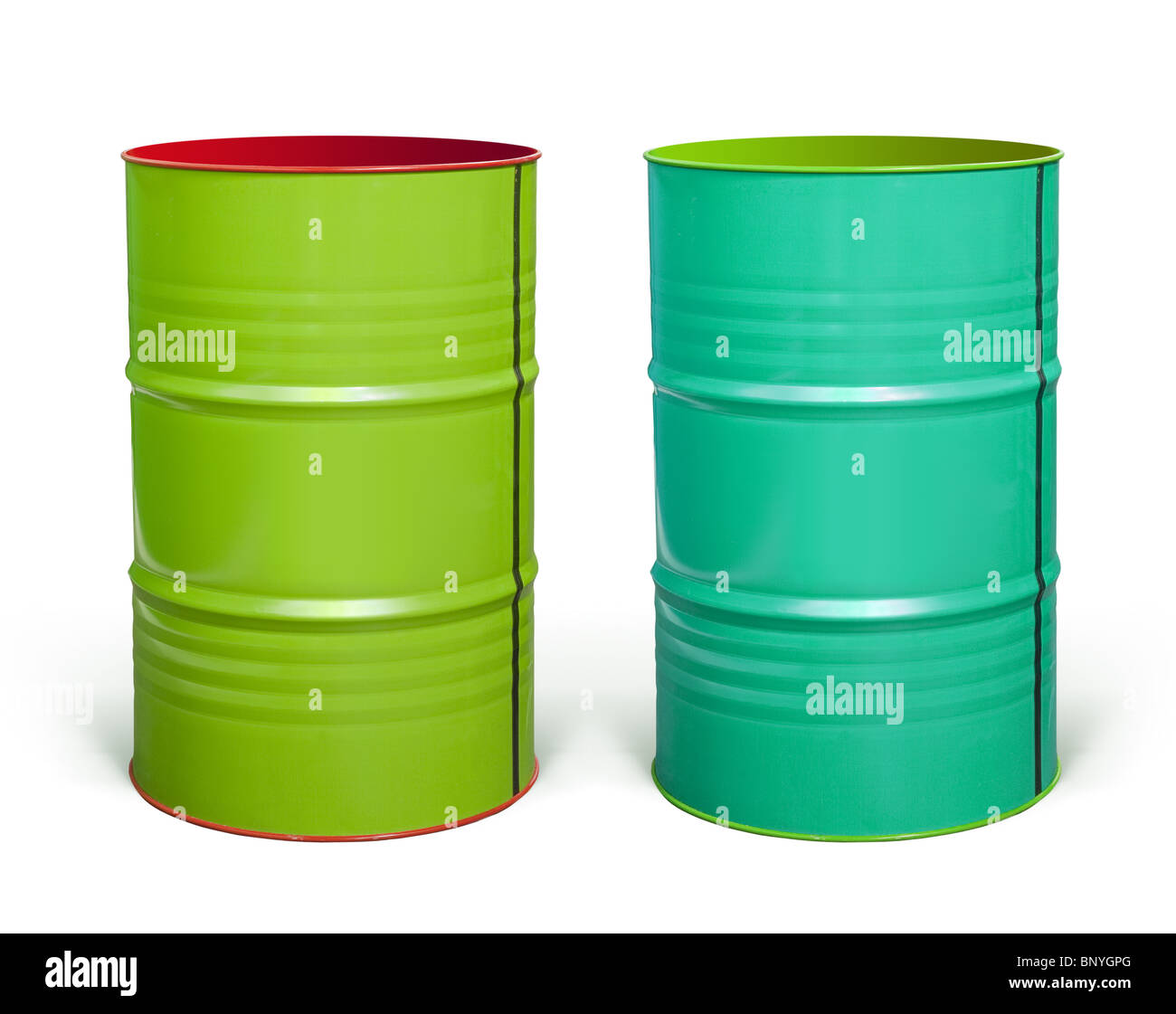 two coloured steel barrels on white background with paths Stock Photo ...