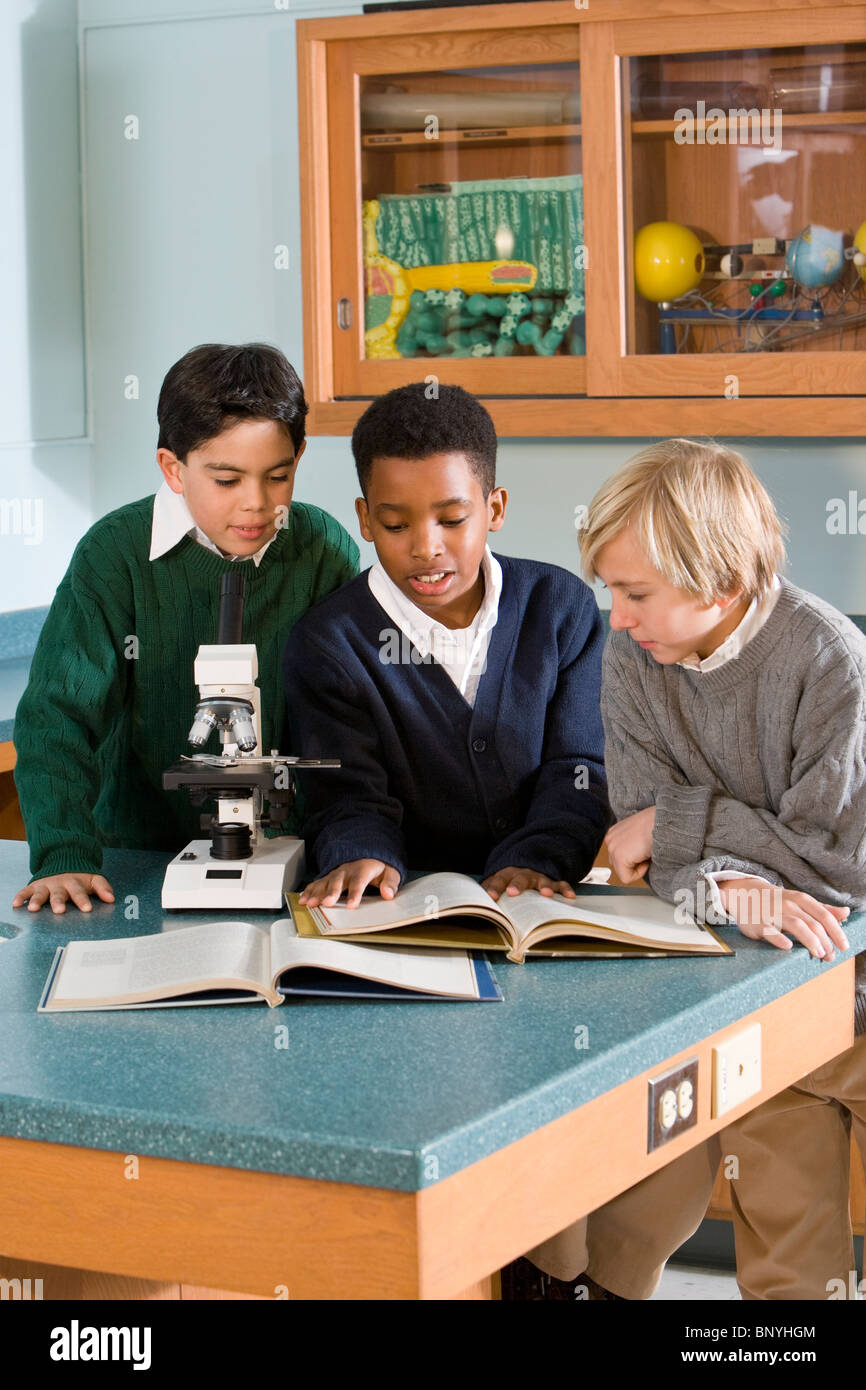 Elementary school boys with microscope in science lab Stock Photo - Alamy