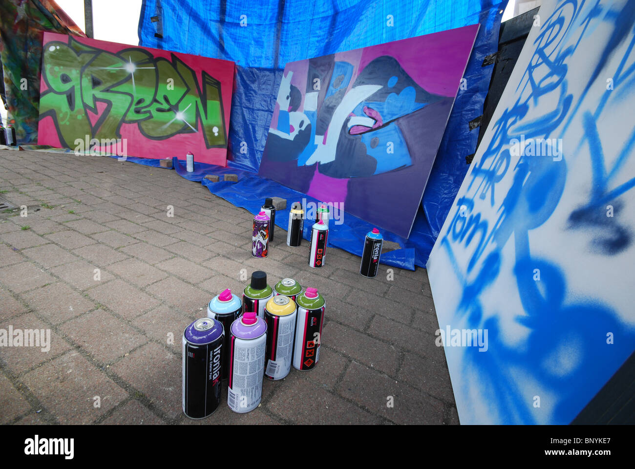 tools and spray cans for graffiti workshop Stock Photo - Alamy