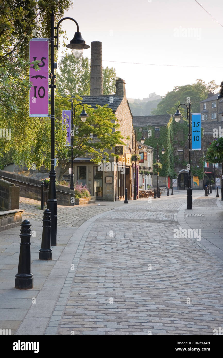 Hebden Bridge Town Centre with banners marking the Five Hundredth ...